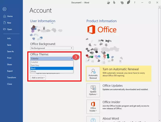 Уключыце цёмны рэжым у наладах Microsoft Office