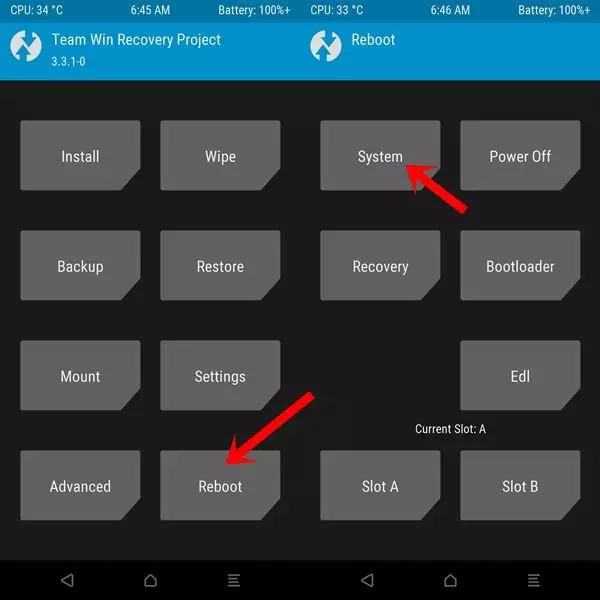 reboot sistema twrp