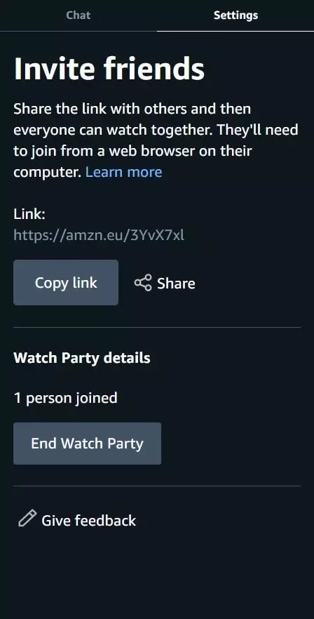Amazon watch party settings