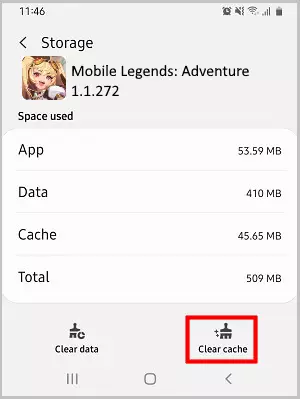 očistite podatke i keš igre Mobile Legends Adventure