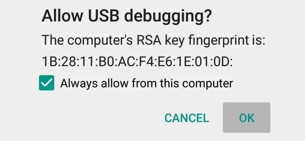 منبثقة للسماح بتصحيح أخطاء USB