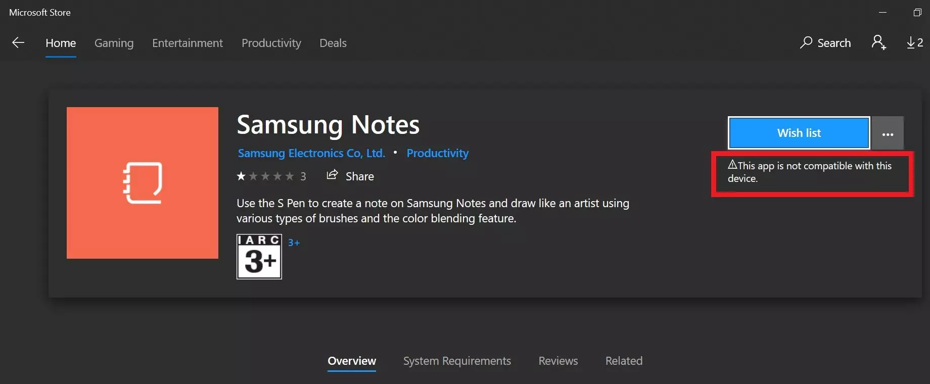 Mensaxe non compatible da aplicación Samsung Notes